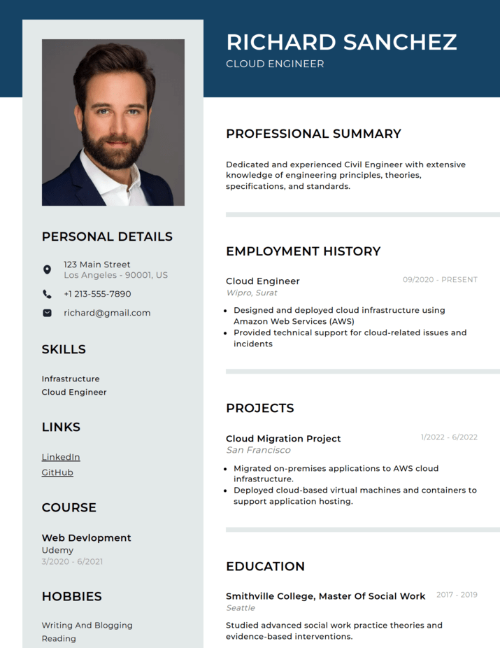 The "Fresh" photo resume template in blue, featuring skill bars and a ...
